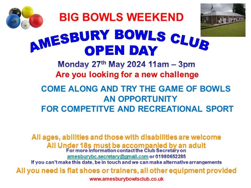 BIG BOWLS WEEKEND – Monday 27th May 11am – 3pm – Amesbury Bowls Club